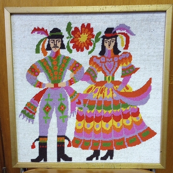 Art | Large Vintage Colorful Framed Needlepoint Spanish Or Mexican ...